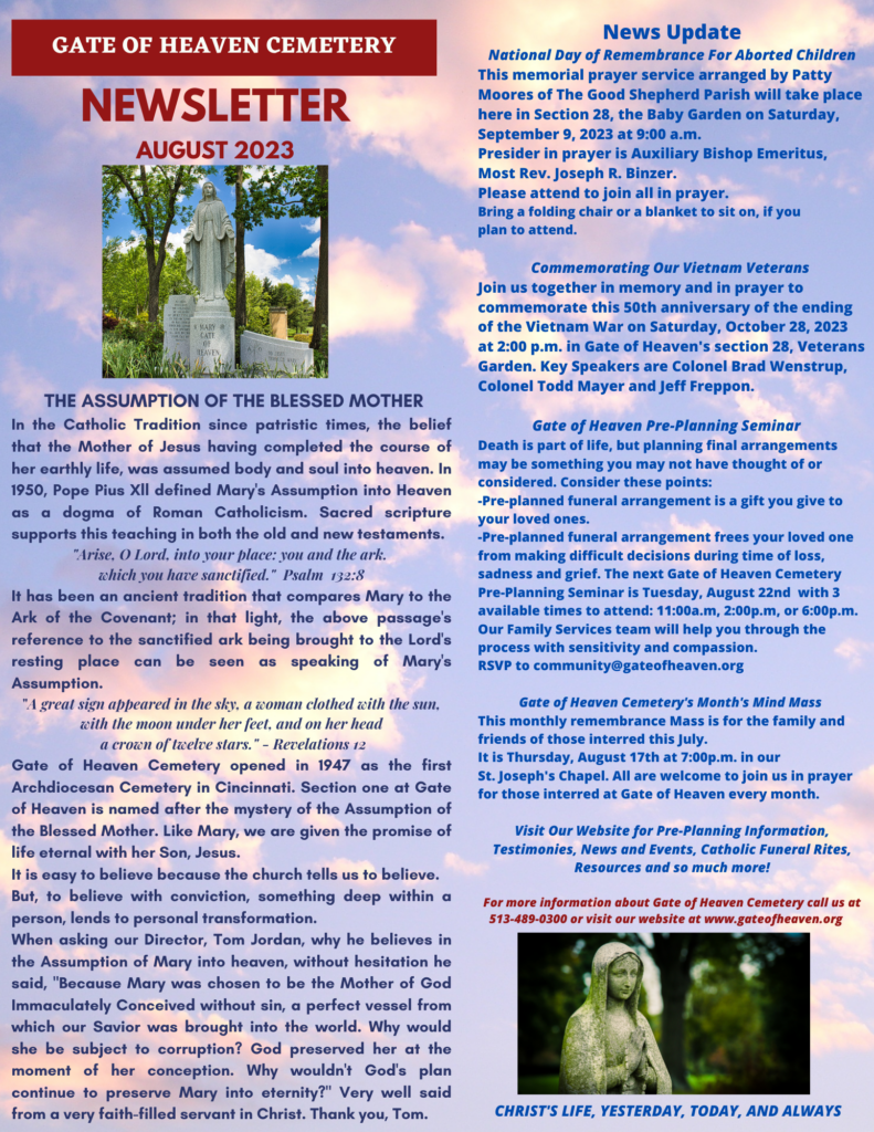 Gate of Heaven Cemetery Newsletter August 2023 - Gate of Heaven